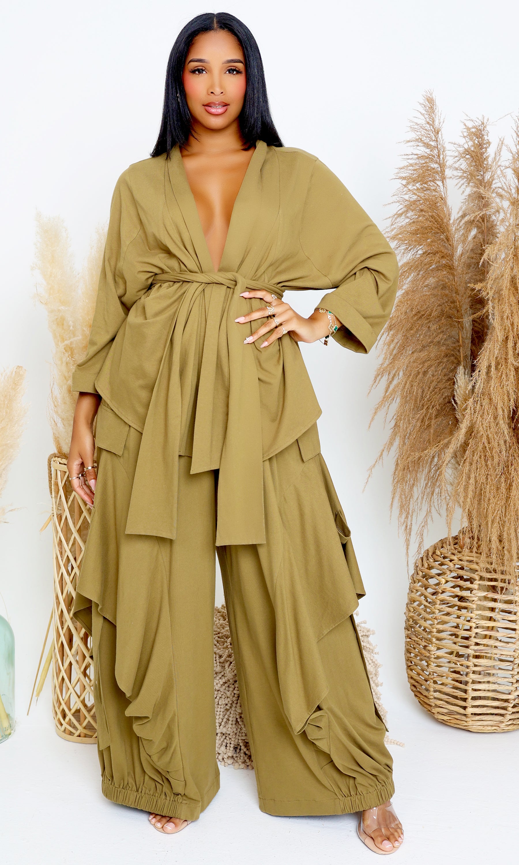 Luxury Jersey Cardigan Set - Olive Preorder Ships End August