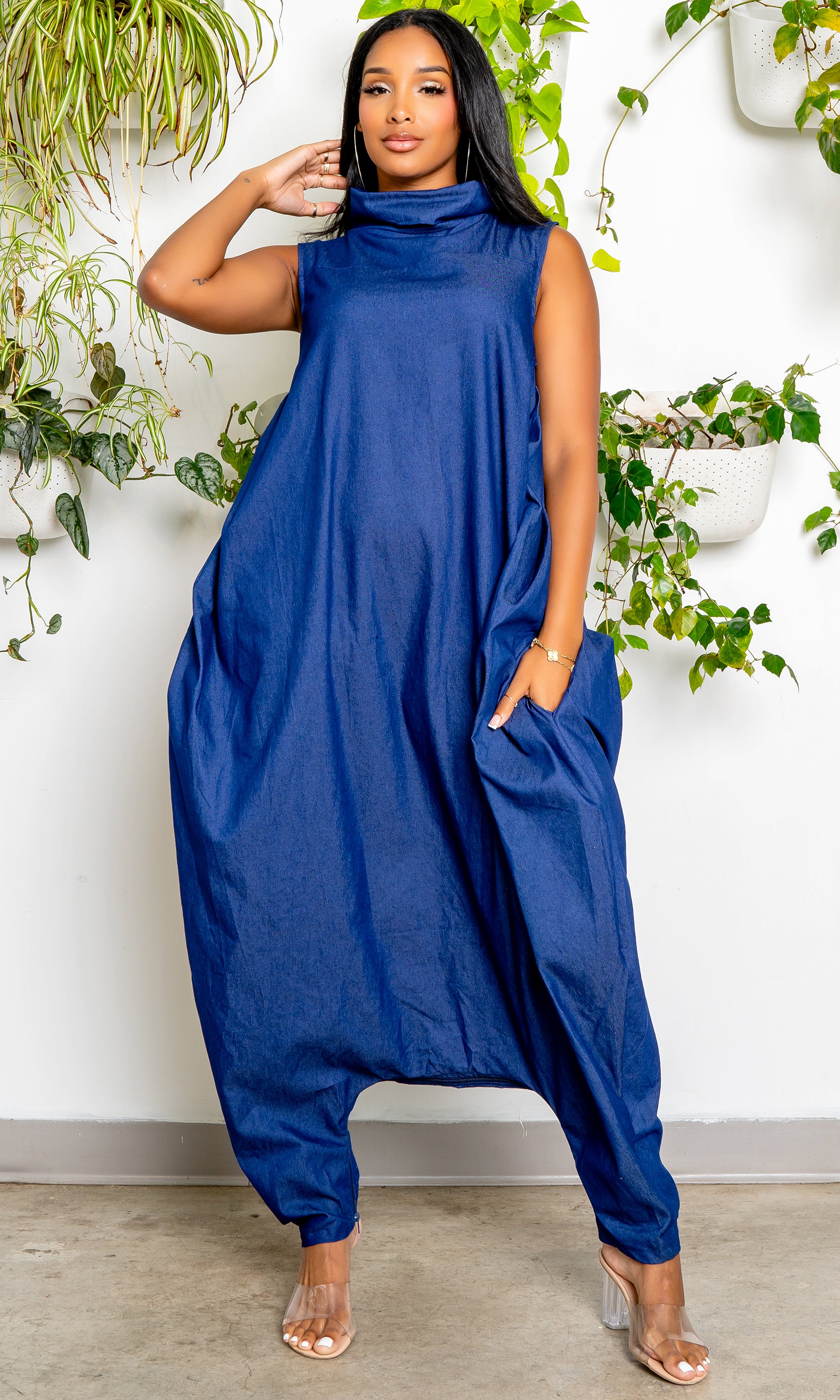Turtle Neck Harem Jumpsuit - Blue Denim – Cutely Covered