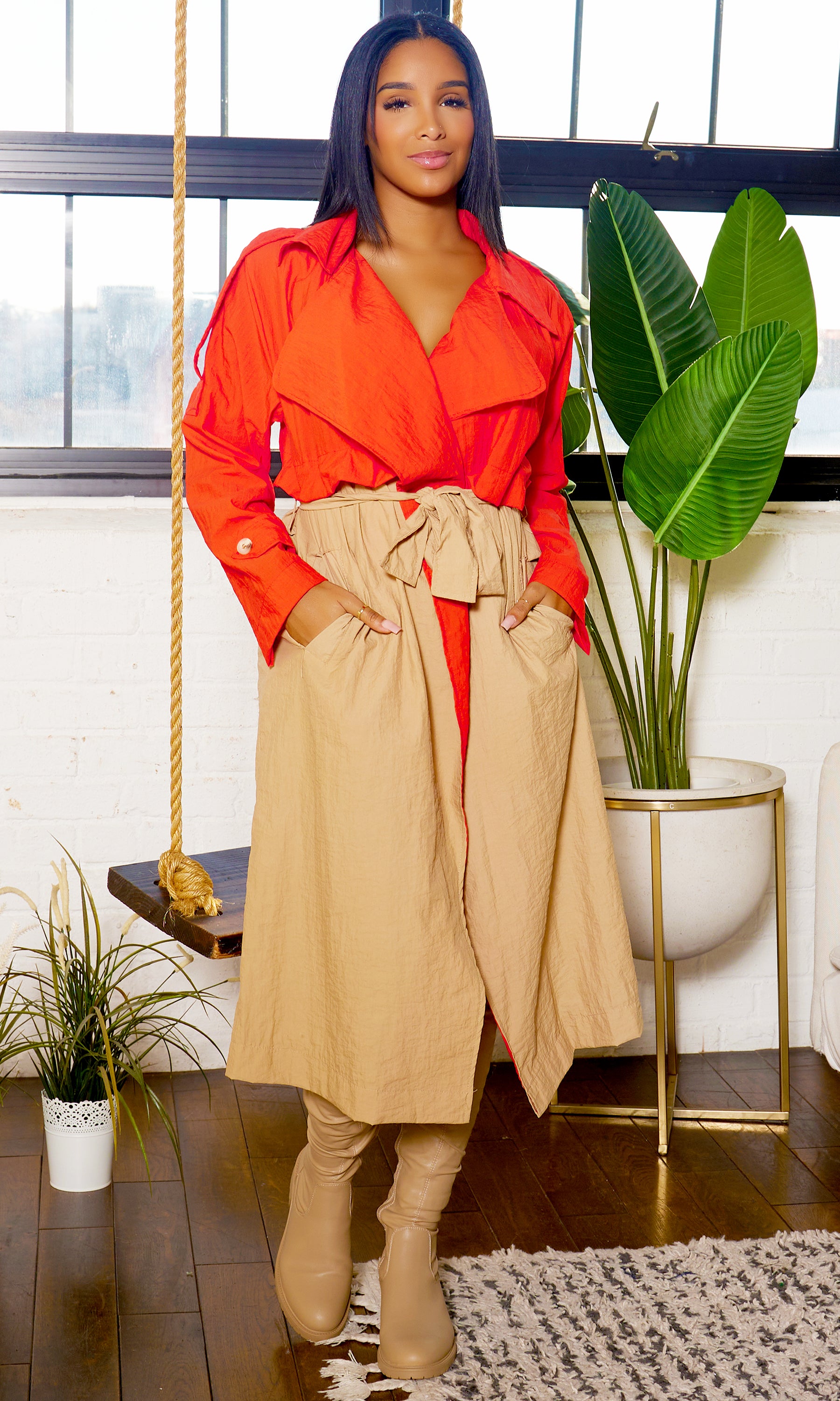 Showstopper Color Block Trench Coat - Orange Tan Sale